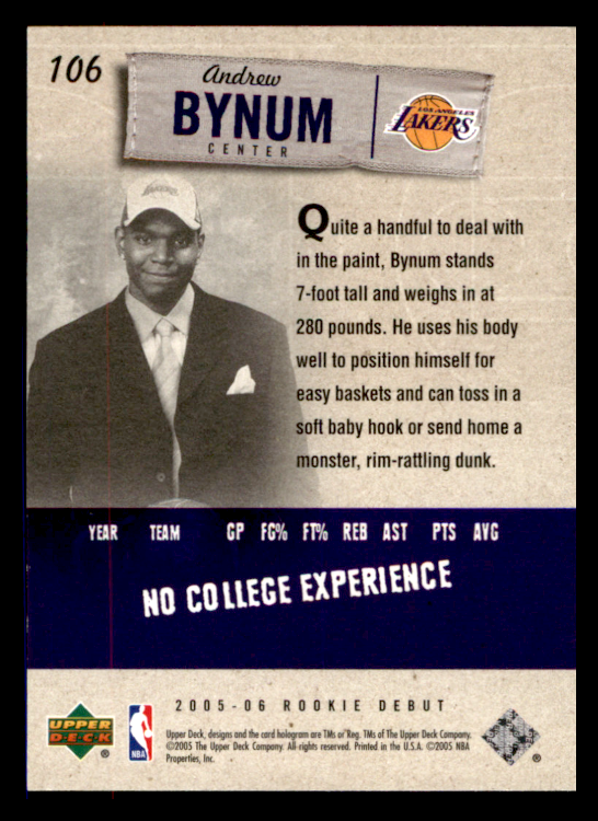 2005 Upper Deck Rookie Debut Andrew Bynum Rookie card #106 Los Angeles ...