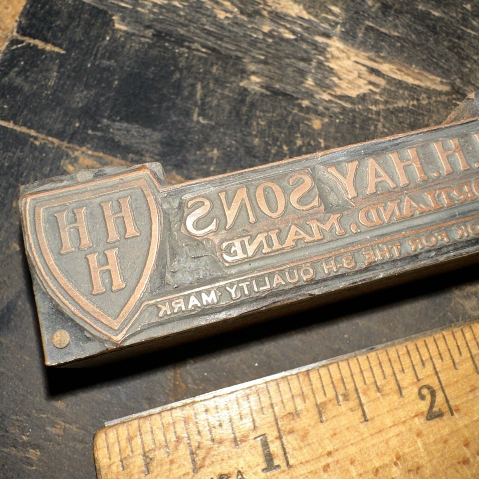 Printing Block “ H.H. HAYSONS, Portland Maine ” Copper Face. 3-H Logo ...