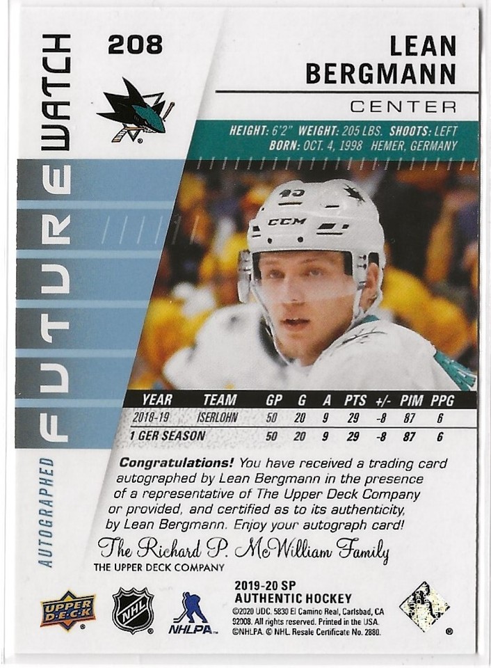 2019-20 SP Authentic Future Watch Auto Rookie #208 Lean Bergmann 208/ ...