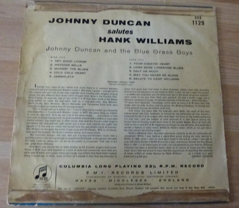 JOHNNY DUNCAN AND THE BLUE GRASS BOYS-SALUTES HANK WILLIAMS 10"VINYL LP ...