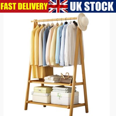 Folding Bamboo Wood Clothes Rail Rack 2 Tier Garment Hanging Stand ...