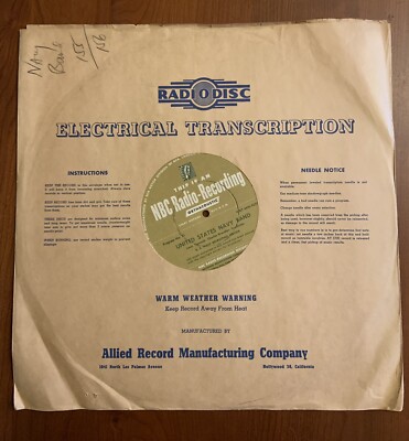 16" Transcription Disc NBC Radio Recording United States Navy Band ...