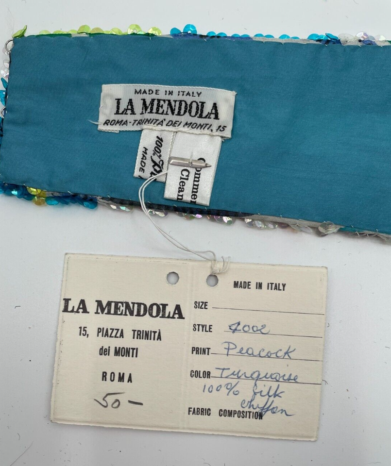 Vintage La Mendola Peacock Retro Hand Beaded Green Pure Silk Chiffon ...