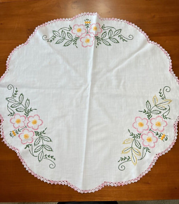 Vintage Round Tablecloth Topper Hand Stitched Crocheted Edge Pink ...
