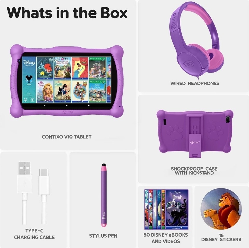 Contixo V10 Kids Tablet Purple Bundle With 50 Disney E-books And ...