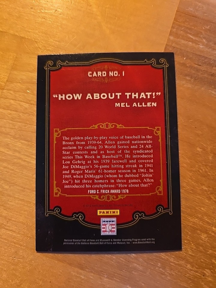 2012 Panini Cooperstown Mel Allen Voices Of Summer Insert No. 1 HOF | eBay