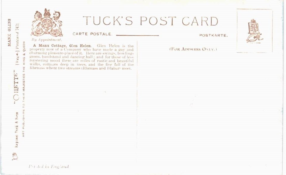 Isle Of Man Manx Glens Cottage Glen Helen Tuck's 7471 1910 UNUSED UK | eBay