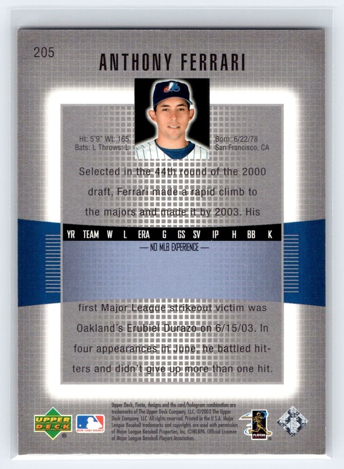 ANTHONY FERRARI 2003 Upper Deck Level One Finite Rookie #205 Expos 1275 ...