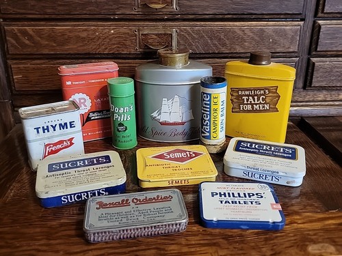 Lot of 10 Old Vintage Advertising Tins Spice Sucrets Rexall Talc Old ...