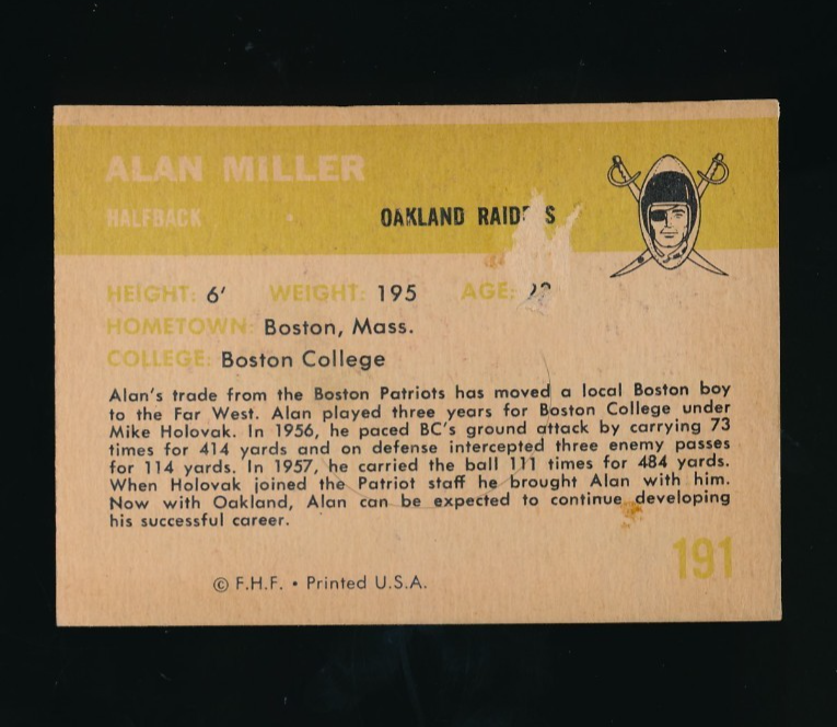 1961 Fleer Alan Miller #191 Rookie RC signed auto Boston Patriots ...