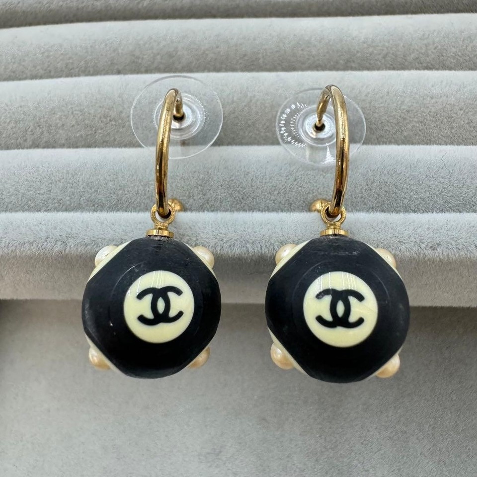 Chanel Coco Mark Ball Round Pearl Earrings Gold Black Tone Jewelry Chic ...