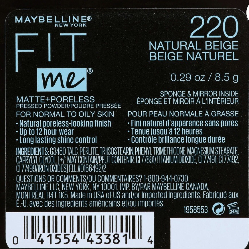 Maybelline 220 Fit Me Matte + Poreless Pressed Powder (0.29oZ/8.5g) New ...