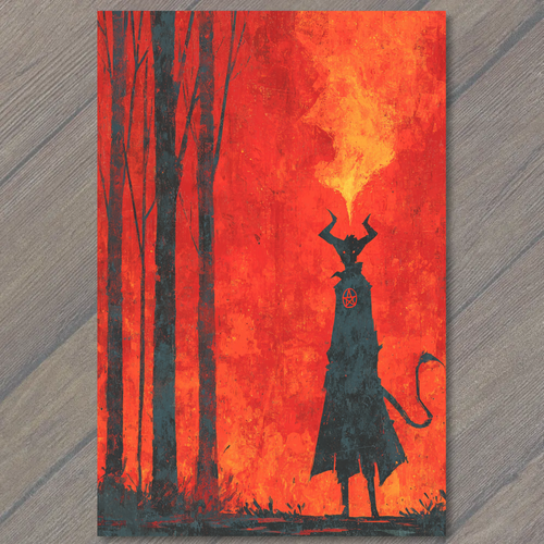Art Print Devil Silhouette Red Forest Fire Horned Figure Pentagram Tail ...