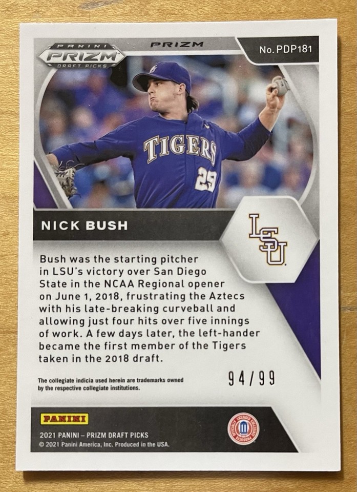 Nick Bush 2021 Panini Prizm Draft Picks Tiger Stripe Serial #94/99 Mint ...