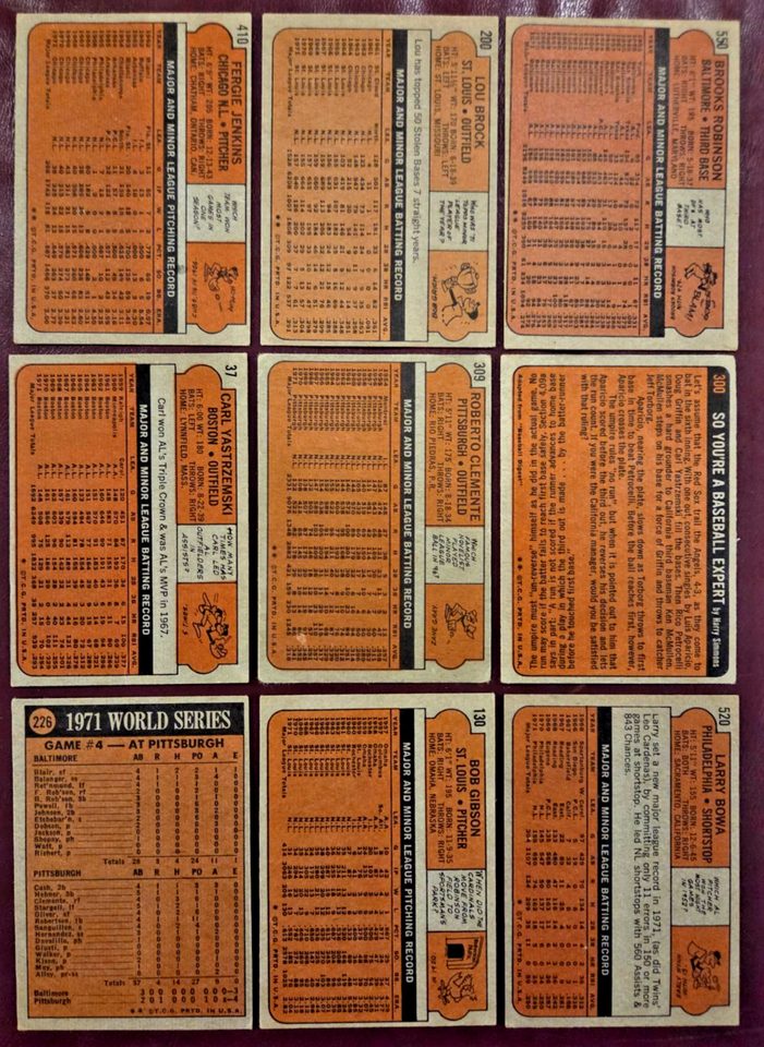 1972 Topps HOF Lot (9) Clemente Aaron Yaz Gibson BRob Brock MORE! Mid ...