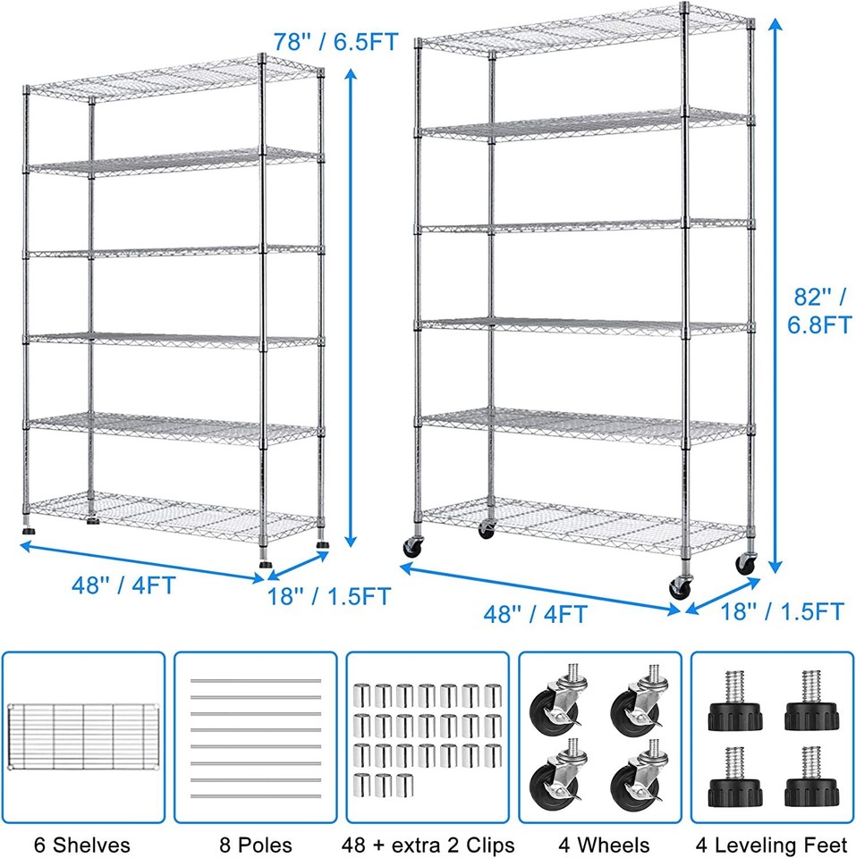 6 Tier Wire Shelving Unit Adjustable Heavy Duty Metal Shelf Storage ...