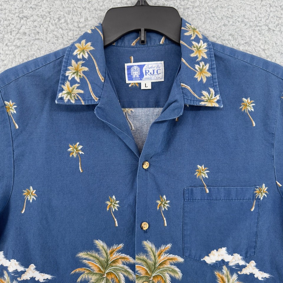 RJC Men Shirt L Blue Hawaiian Button-Up Short Sleeve Vintage Made in ...