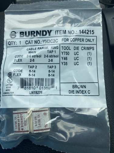 Burndy Copper Compression H Tap 2-6 AWG 8-14 AWG YH2C2C Brown Die ...