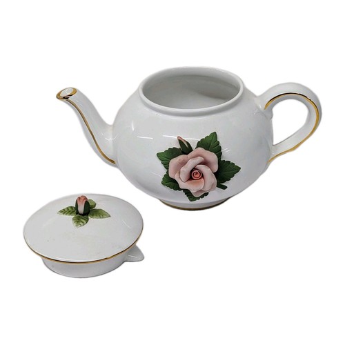 Teleflora Tea Pot Gold Trim Pink Rose Raised Kettle Rosebud Lid Shabby ...