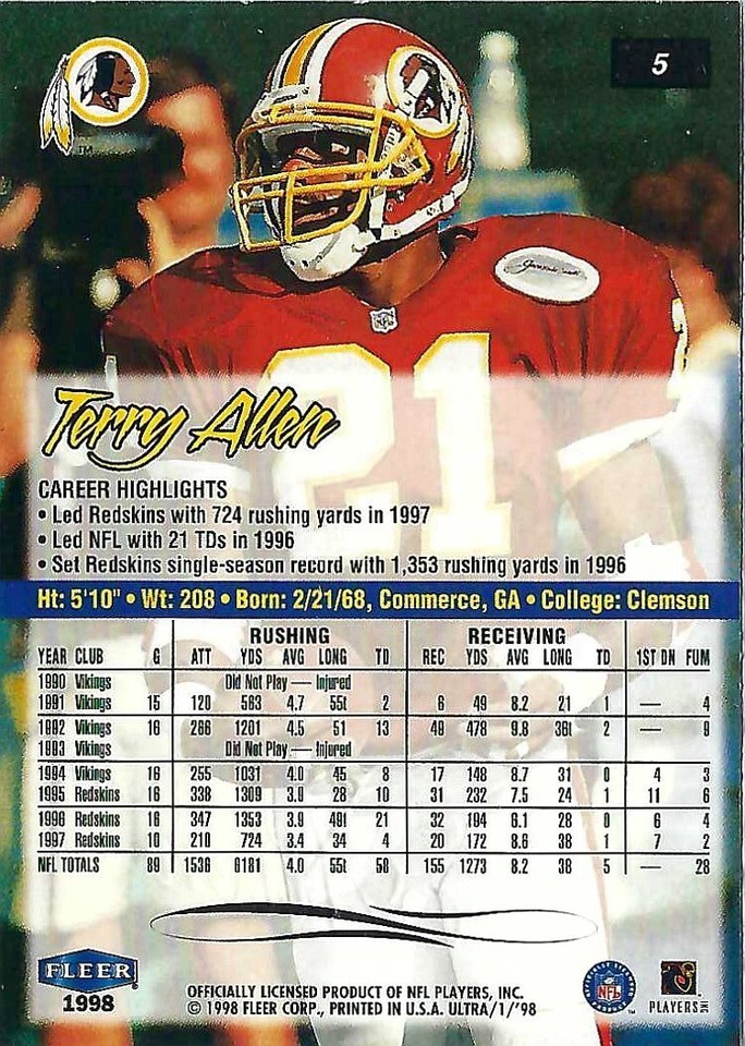 1998 Fleer Ultra Terry Allen -Washington Redskins | eBay
