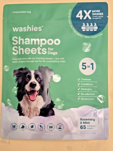 Washies Shampoo Sheets Dogs 65ct Rosemary Mint Plant-Based Eco Grooming ...