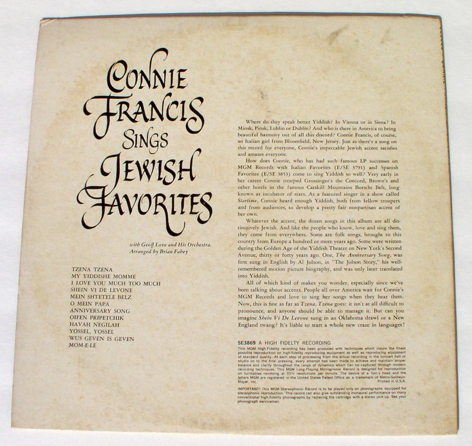 CONNIE FRANCIS Sings Jewish Favorites - STEREO LP - Havah Negilah / 11 ...