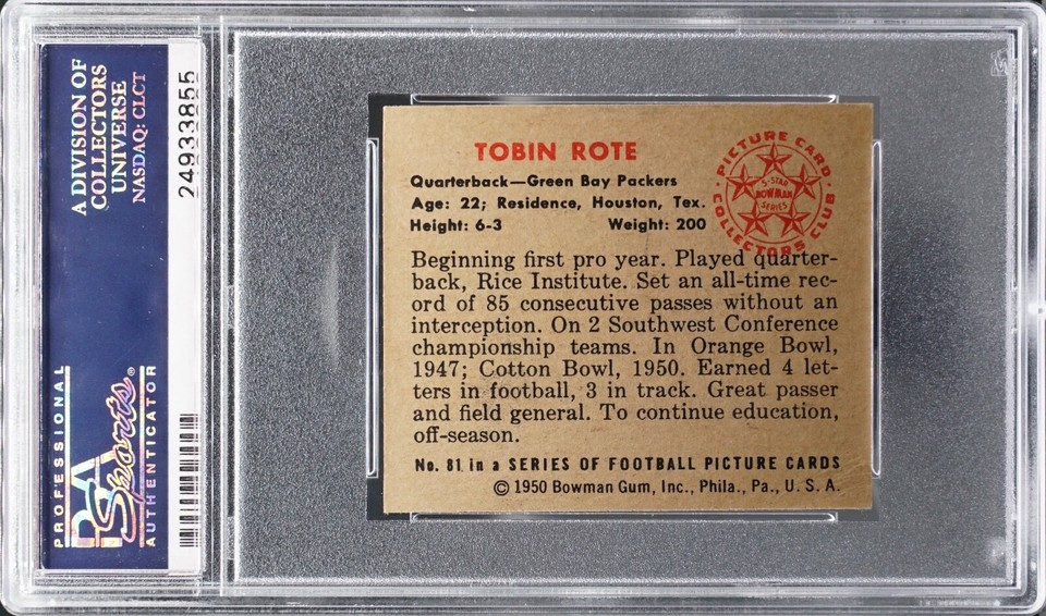 1950 Bowman Tobin Rote Rooke Card #81 PSA 5 EX Green Bay Packers ...