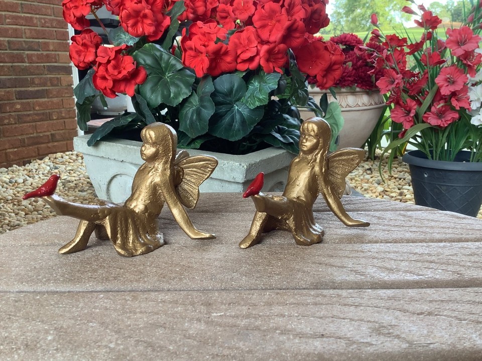 Fairy Figurines Cast Iron Pair Gold with Butterfly Wings with Red Bird ...
