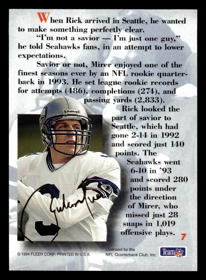 Rick Mirer 1994 Ultra #7 Rick Mirer: Rookie of the Year Seattle ...