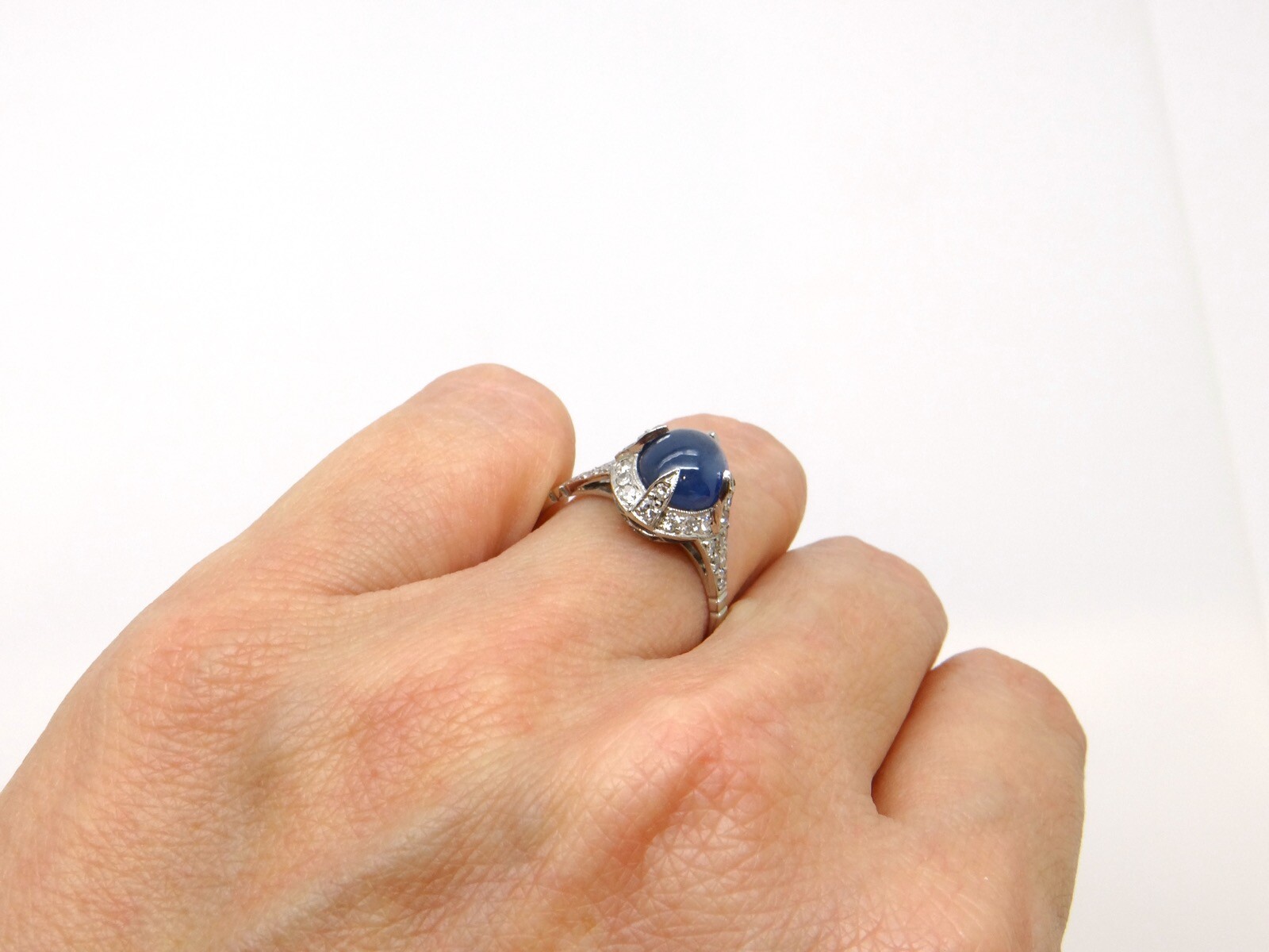Deco Platinum 3.68ct Cabochon Sapphire Round Diamond Halo Band Ring Size 7.5 | eBay