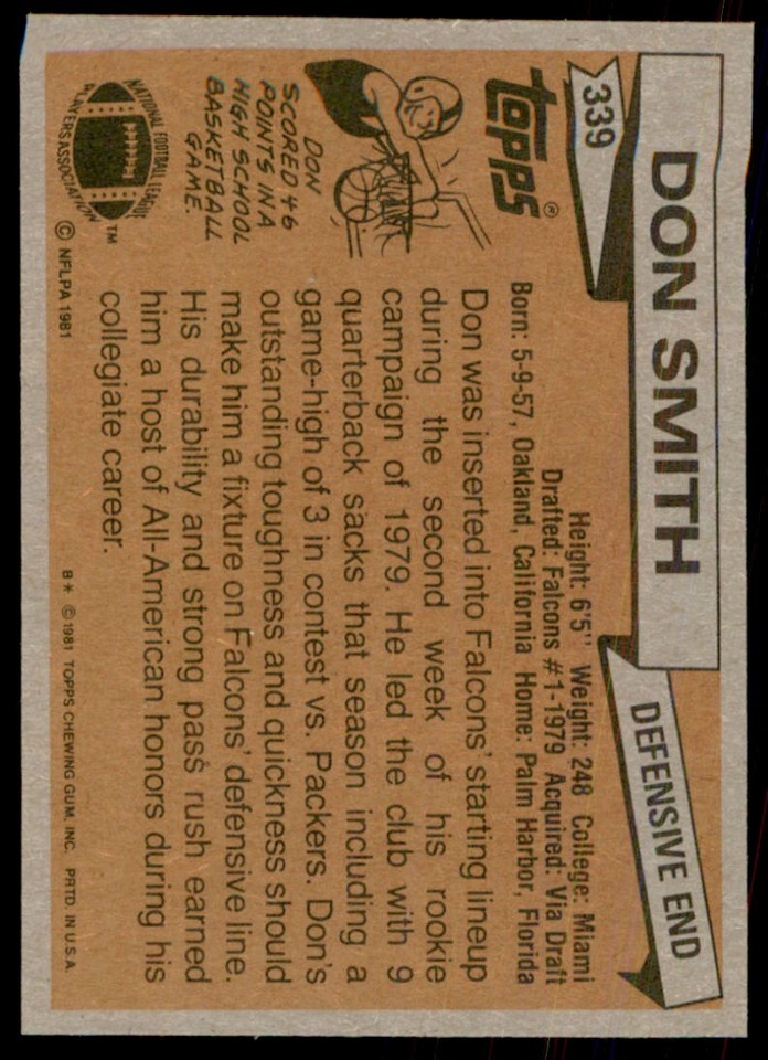 1981 TOPPS DON SMITH ATLANTA FALCONS #339 | eBay