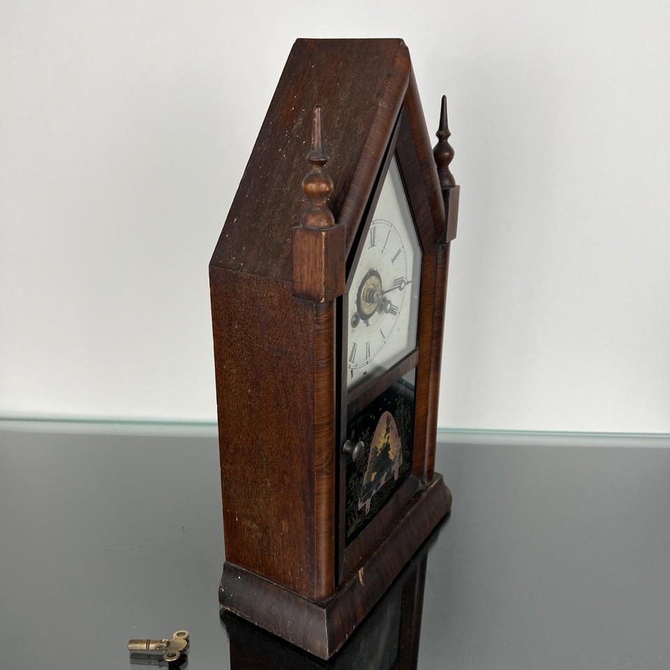 ANSONIA Steeple Clock W Bee Skep Reverse Painted Viewing Glass ANTIQUE ...