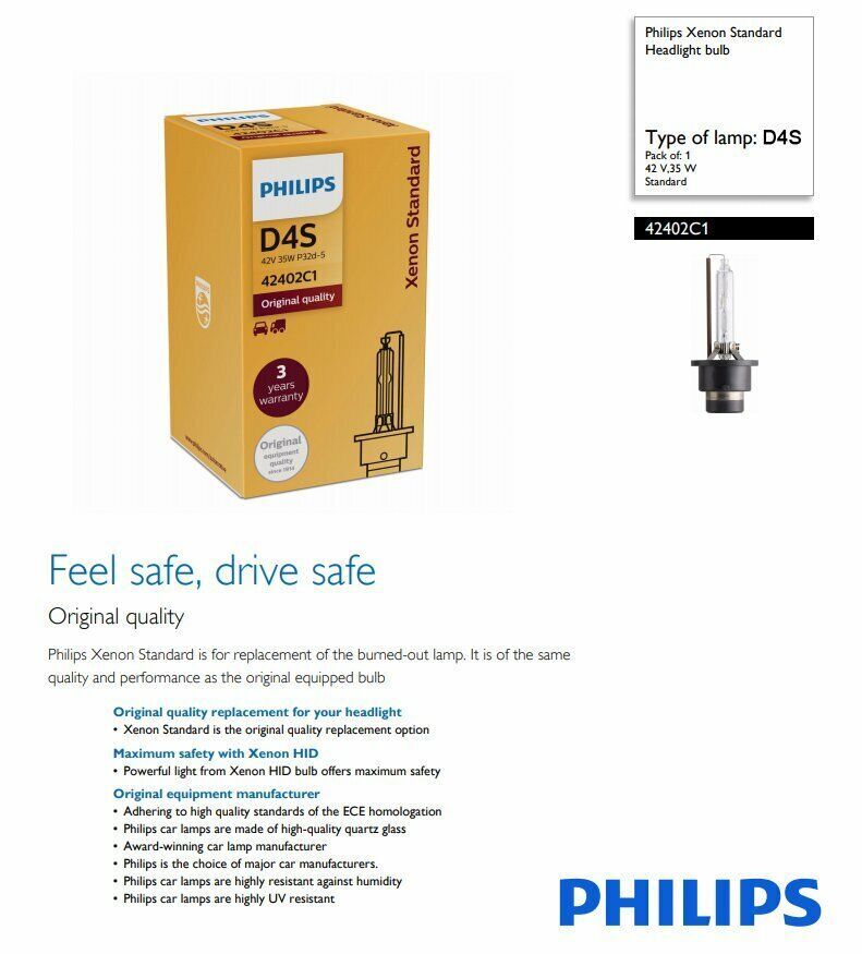 1x PHILIPS D4S High Bright Heavy Duty 35W 4200K OEM HID Xenon Headlight ...