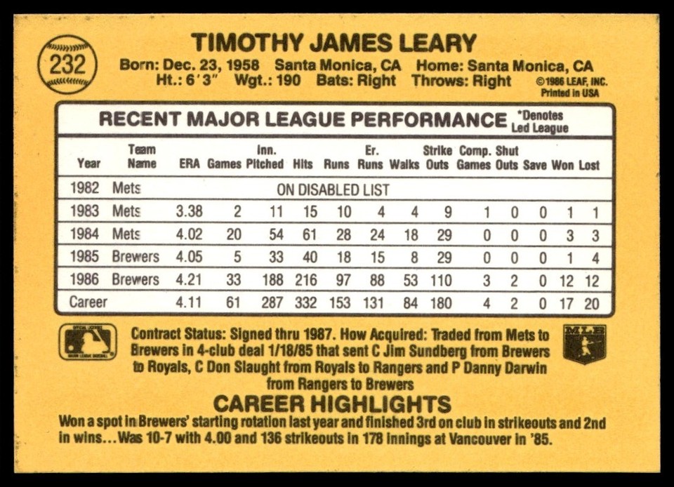 1987 Donruss Tim Leary Milwaukee Brewers #232 | eBay