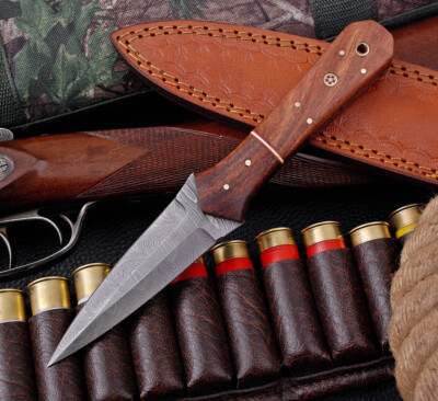 Double-Edged V42 Military Damascus steel Dagger boot Knife Wood handle ...
