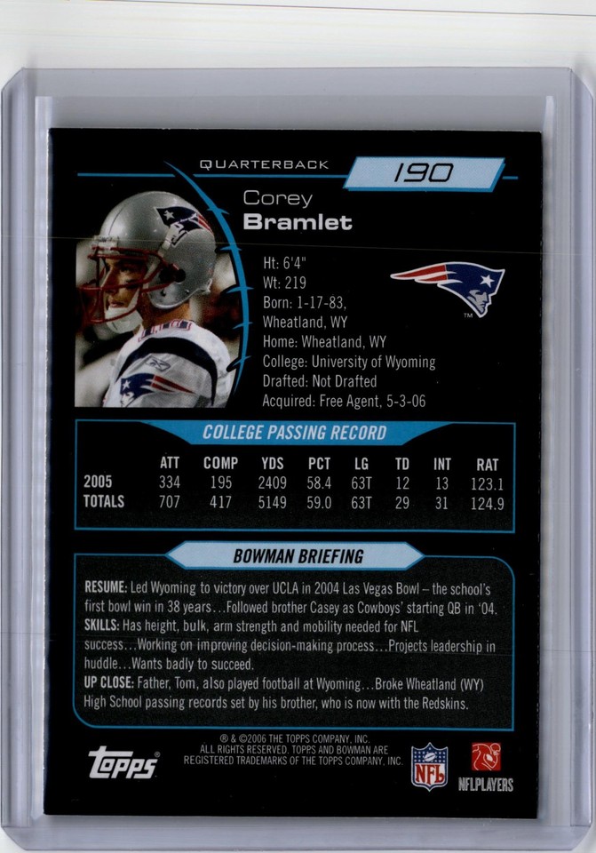 2006 Bowman Corey Bramlet #190 RC New England Patriots | eBay