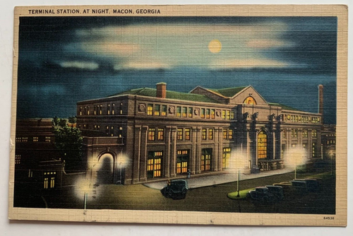 GA Postcard Macon Georgia Terminal Station at Night RR railroad depot ...