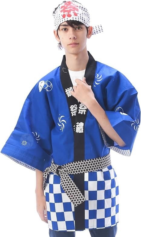 Matsuri Happi Coat Blue 3pcs. Set Japanese Festival Kimono Jacket M/L ...