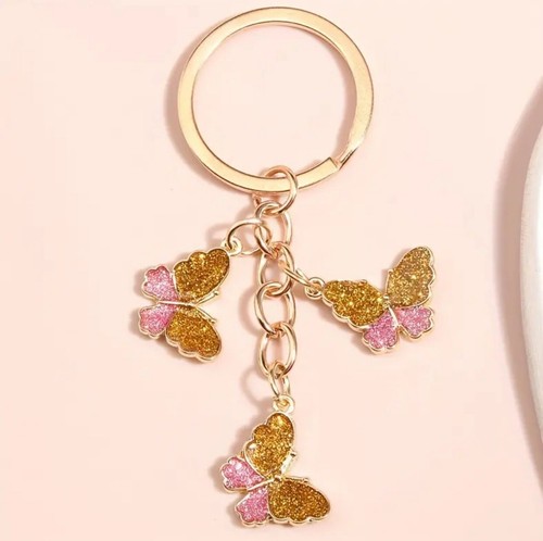 Gold & Pink GLITTER Butterfly Key Ring Enamel Key Chains Women Girls ...