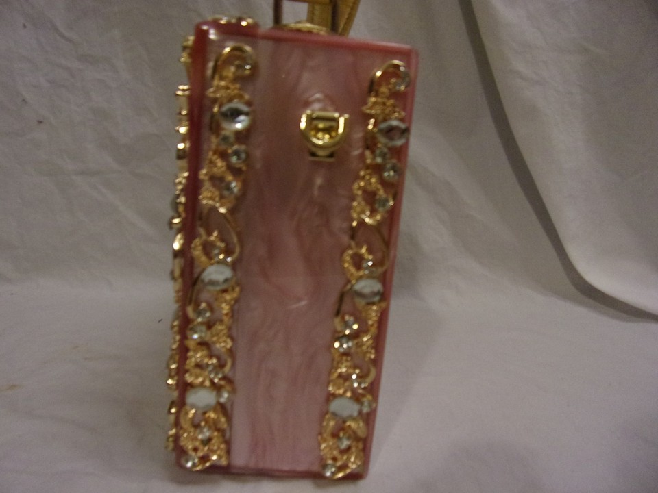 Vintage StylePink & Gold Fillagree Trim Lucite Blinged out Box Bag ...