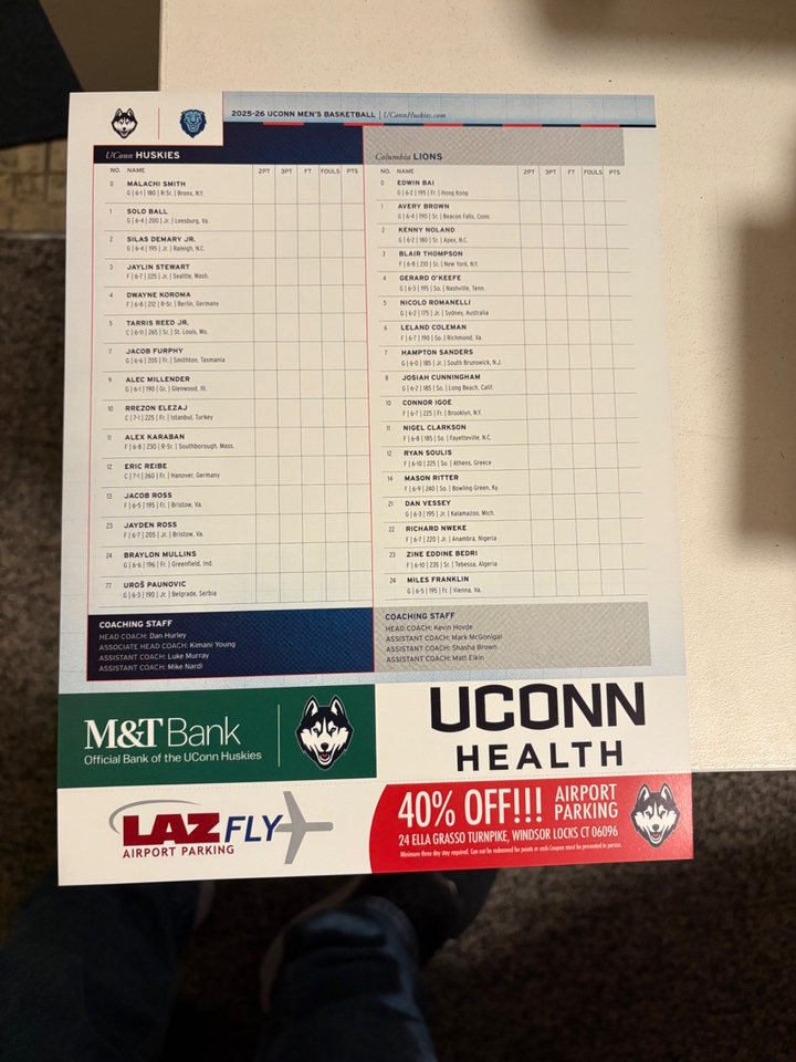 UConn Men’s Basketball Mini-Poster-Rodter Sheet: November 10, 2025 ...