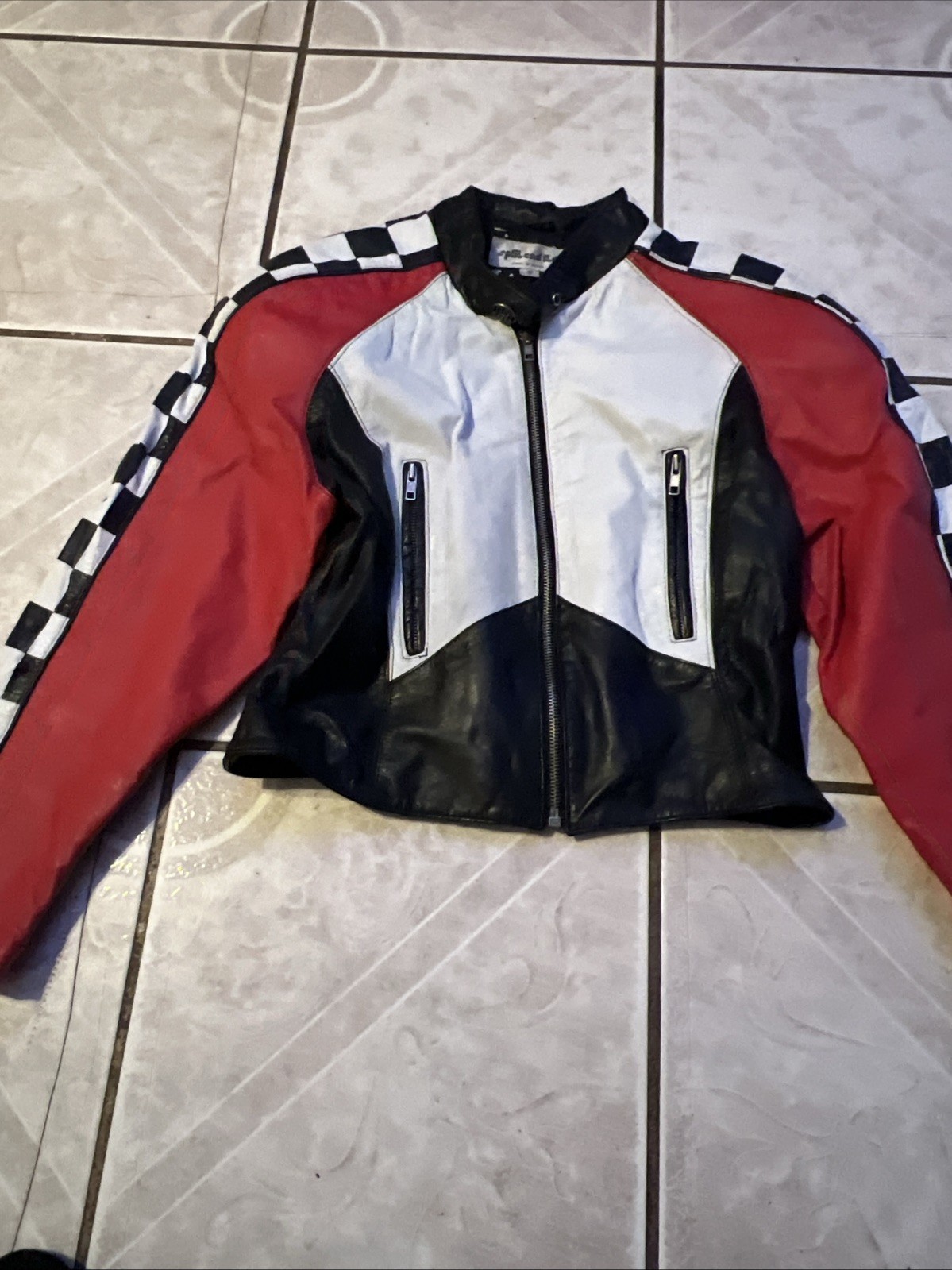 Vintage leather jacket checkers racing theme Sz S by … - Gem