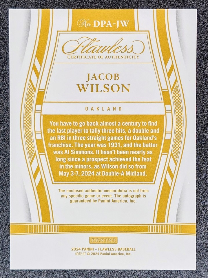 🔥2024 Panini Flawless Jacob Wilson Patch Auto /25 DPA-JW🔥 | eBay