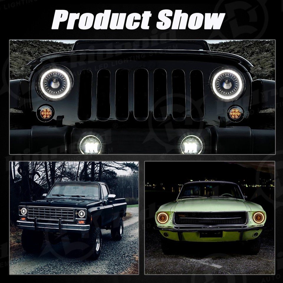 For VW Dune Buggy / Rail Buggy Pair 7'' Round LED Headlights HALO DRL ...