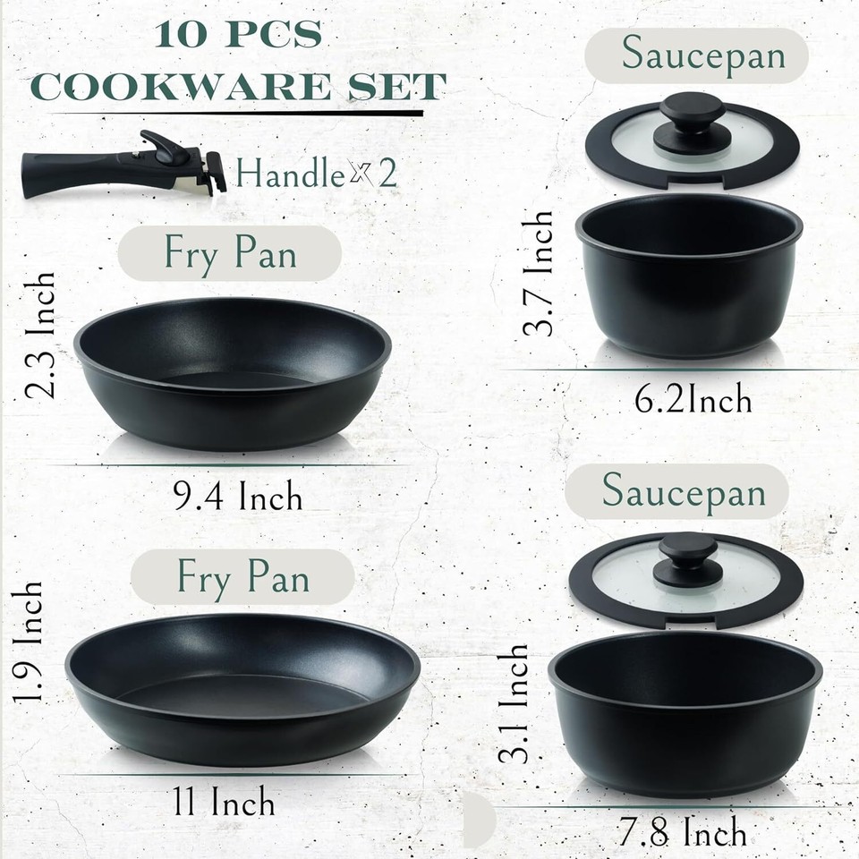 10 Pcs Black Pots And Pans Set Removable Handle, Induction Cookware Set ...