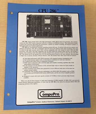 Compupro Godbout Preliminary CPU 286 Short Technical Manual S100 | eBay