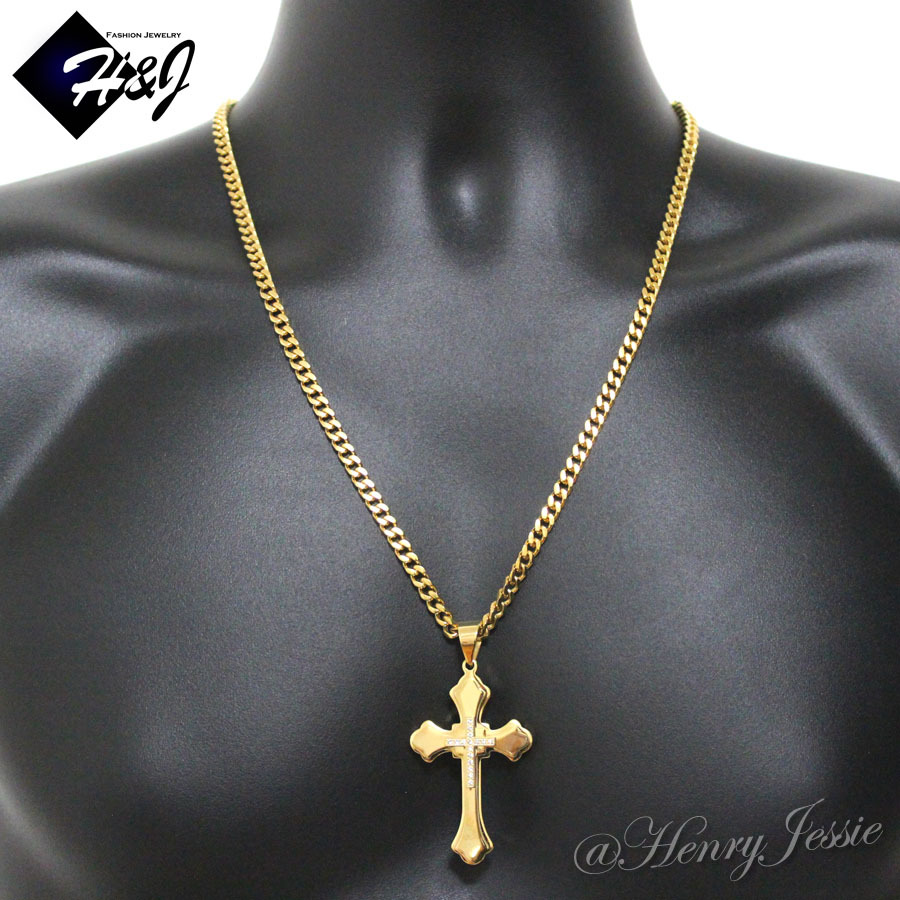 18-36"Stainless Steel 5mm Silver/Gold Plated Cuban Curb Chain Cross ...