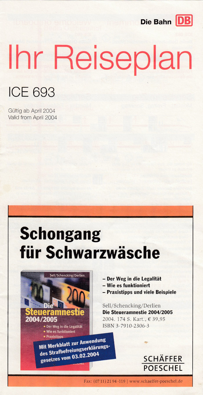 IHR REISEPLAN DB ICE 693 APRIL 2004 (AGK1532) | eBay.de