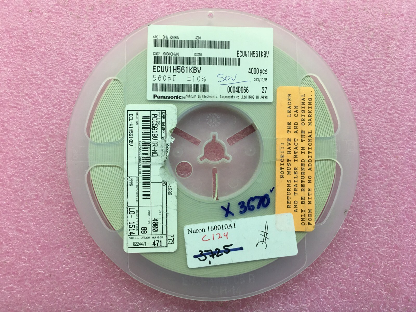 (3,670 PIECE REEL) ECU-V1H561KBV, MLCC, 50V, X7R, 0.00056 uF, SURFACE ...