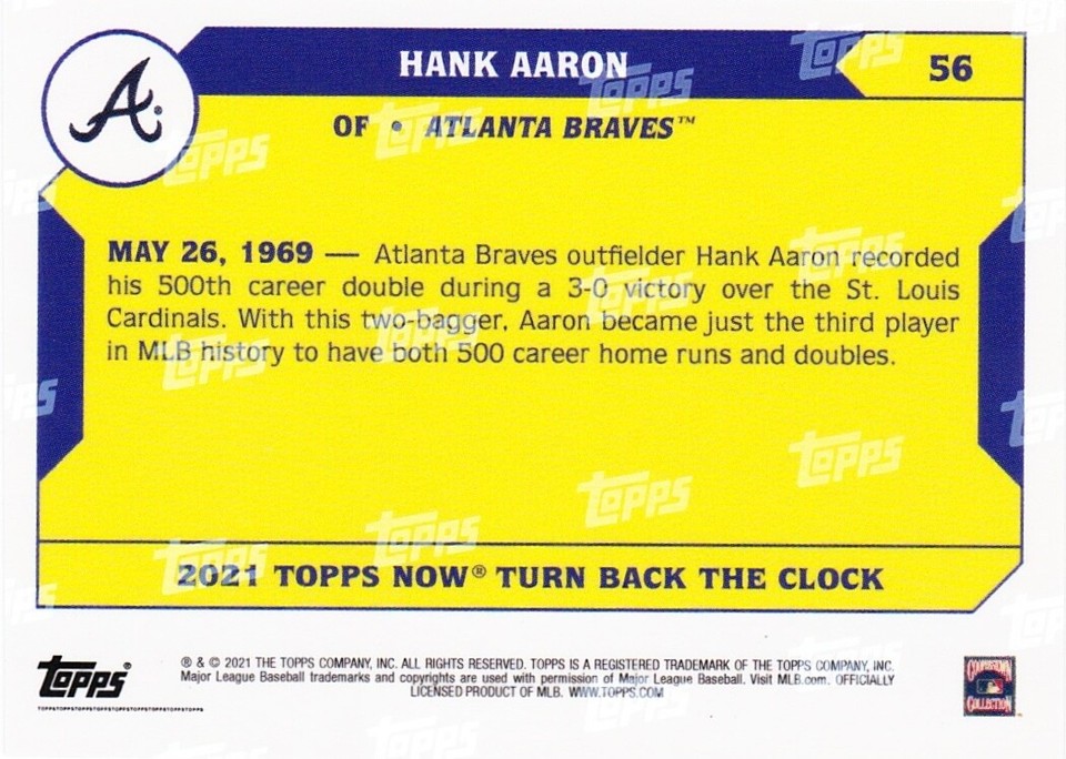 2021 Topps Now Turn Back The Clock Hank Aaron #56 Baseball Card (PR:462 ...